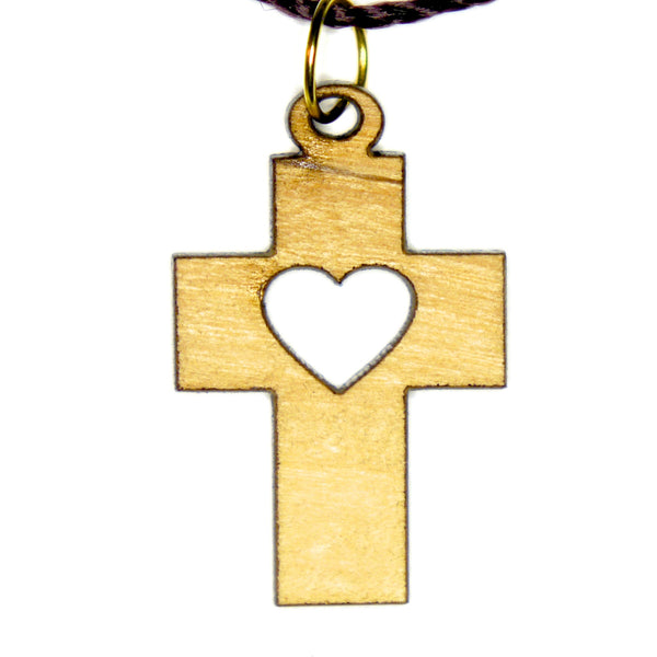Olive Wood Cross Pendant - Heart Cross | Mimosura Jewellery for Kids